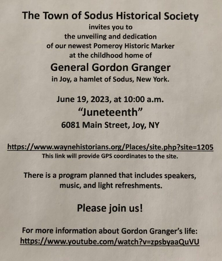 Gordon Granger Marker Dedication Flyer | Town of Sodus Historical Society
